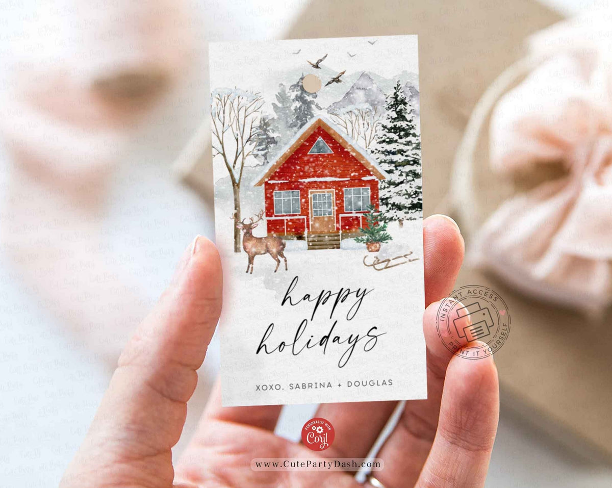 Happy Holidays gift Tags, Editable Merry Christmas Winter Forest hang ...