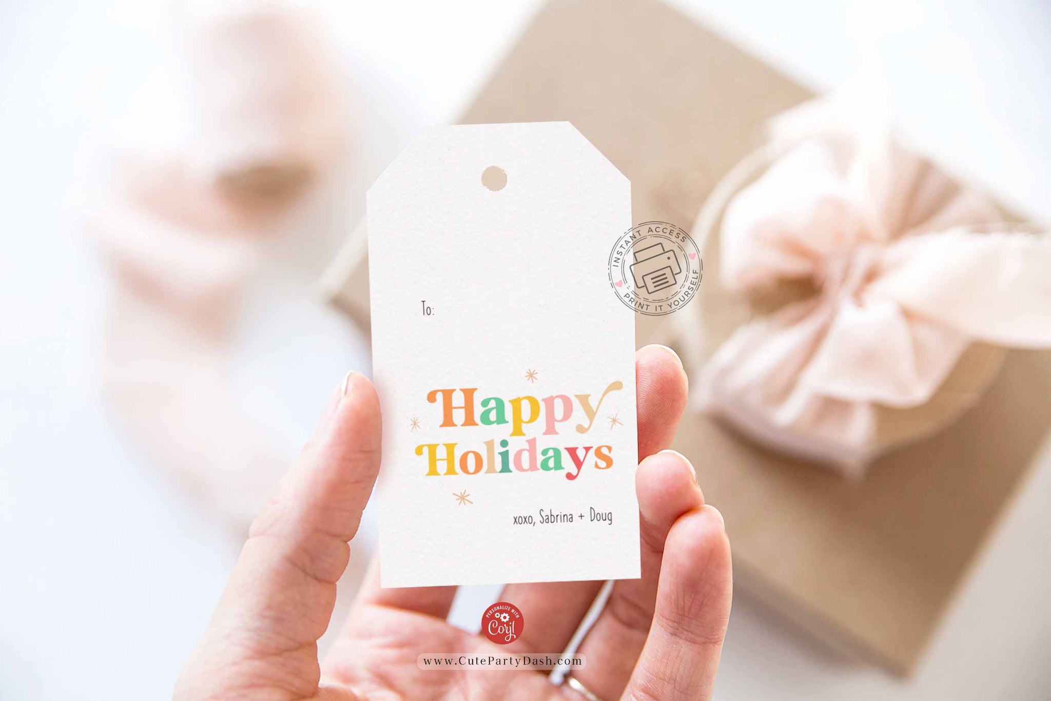 Retro Happy Holidays gift Tags, Editable Happy Holidays hang Tag - Ins ...